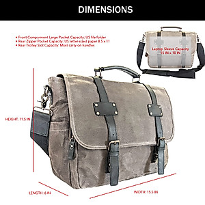 Canvas Messenger Bag for Men, Laptop Case, Satchel | Office Professionals, Travel | Waxed Canvas, Genuine Leather, Smoked Metal Hardware | Trolley Sleeve