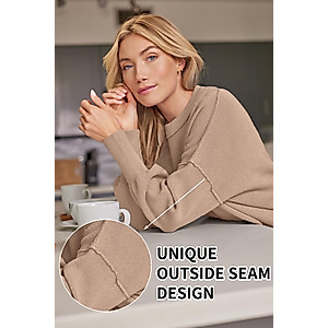 LILLUSORY Women's Oversized Batwing Sweaters 2024 Fall Outfits Crewneck Ribbed Knit Side Slit Trendy Pullover Tops DarkApricot M