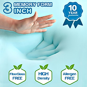 CISTNY 3 Inch Cooling Memory Foam Mattress Topper Queen, High Density Foam Bed Topper Queen with Washable Removable Bamboo Cover, Organic, Hypoallergenic, Oeko-TEX Queen Size Mattress Toppers