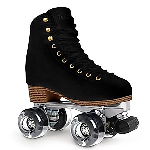 Tuosamtin Genuine Suede Roller Skates for Women Girls or Men with Height Adjustable Rubber Stoppers Retro Quad Roller Skates for Outdoor and Indoor (Black, Women's 9 / Men's 8)