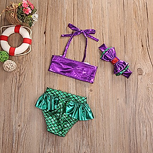 3Pcs/Set Kids Toddler Baby Girl Mermaid Swimsuits Halter Swimwear Bikini Set with Headband (Purple+Green, 70/3-6 Months)