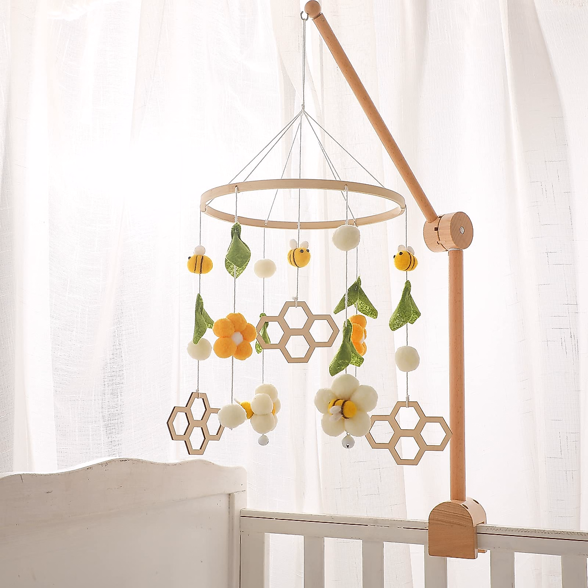 Baby Crib Mobile for Boys Girls/Bees Nursery Mobile/Nursery Cot Mobile/Gender Neutral Felt Ball Mobile/Ceiling Mobile
