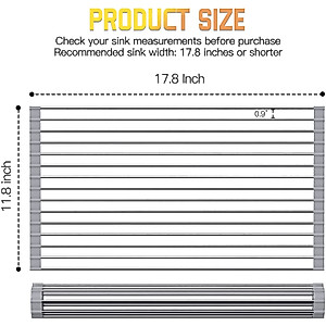 SunCleanse Roll-up Dish Drying Rack with Silicone Grid, Multipurpose Dry Rack Dish Drainer, Stainless Steel Foldable Dish Drying Rack for Sink Counter, Mini Grey 17.8"x11.8"