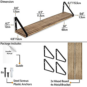 Wallniture Ponza Floating Shelves for Living Room Wall Decor, 24" Wood Wall Bookshelves, DVD Storage Shelf Bedroom Bathroom Decor Natural Burnt Set of 2