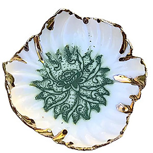 Green Lotus Flower Ring Dish with Gold Rim, Handmade Ceramic Trinket Dishes, Jewelry Gifts for Women and Men -stock photo, please read description