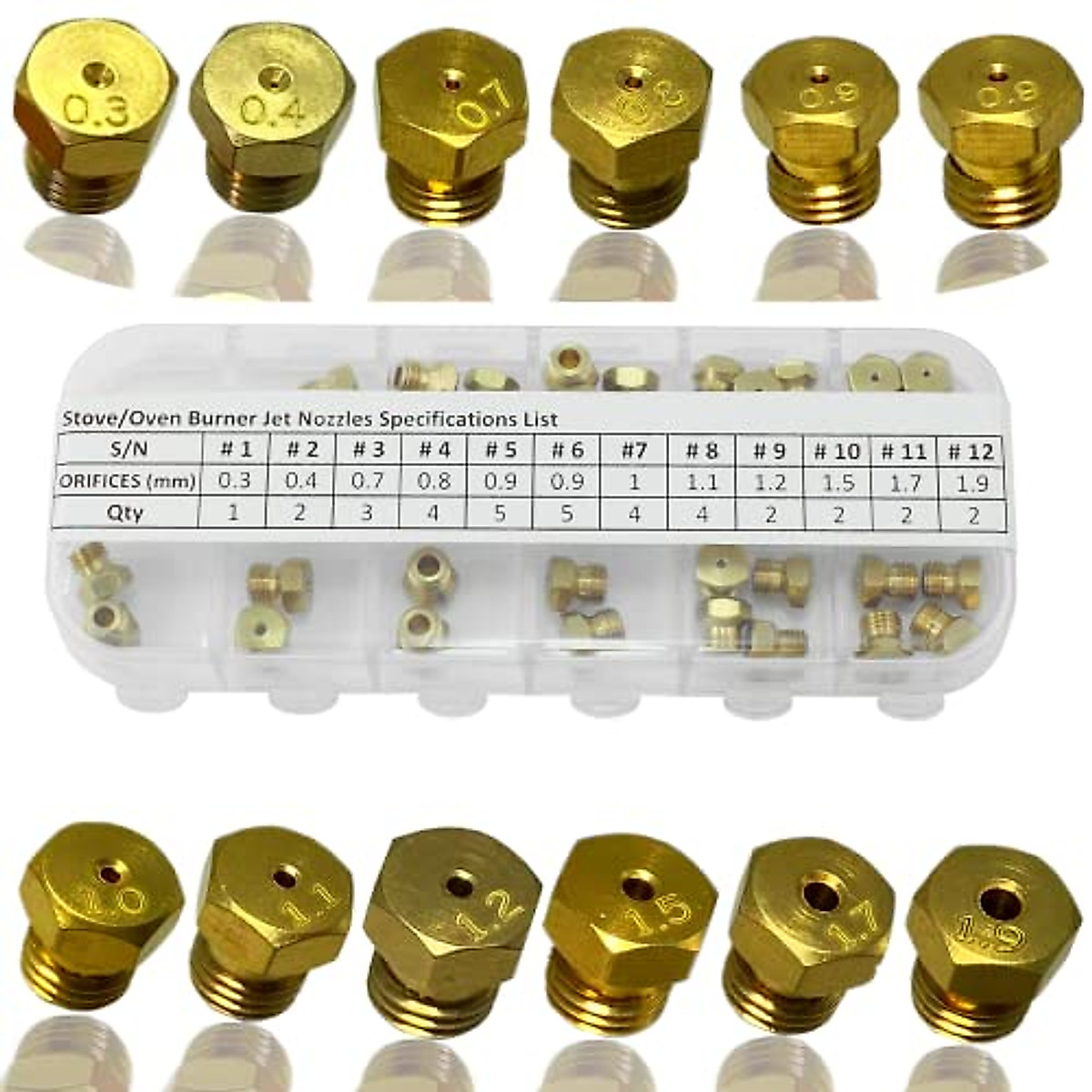 MCAMPAS Range Stove Oven Orifice Conversion Kit Propane Lp Natural Gas Brass Jet Burner Nozzle Replacement Parts M6x0.75 mm Gas Spray Tip 0.3/0.4/0/7/0.8/0.9/1.0/1.1/1.2/1.5/1.7/1.9mm Total 36PCS