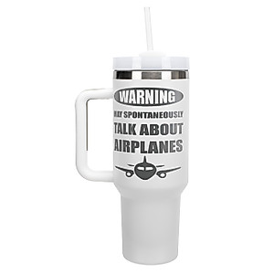 Elanze Designs Warning May Talk About Airplanes Pilot 40 oz. Stainless Steel, Large Water Bottle Coffee Mug, Spill & Leak Resistant, Thermal Travel Tumbler with Handle, Lid & Straw, White