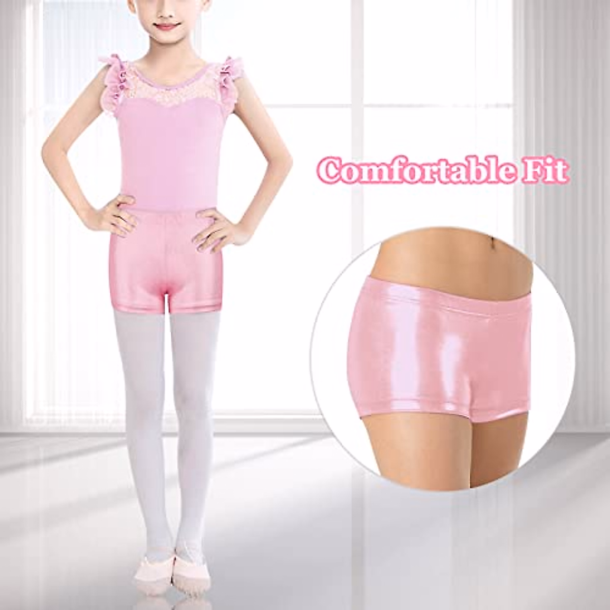 SEAUR - Girls Dance Shorts Shiny Metallic Ballet Dance Shorts Athletic Gymnastics Short Kids Hot Pants for Ages 3-12 - Pink