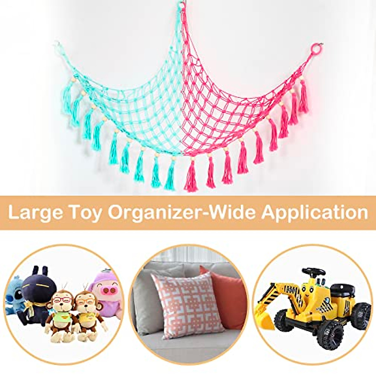 Stuffed Animal Net or Hammock with LED Light, Hanging Corner Storage Net for Wall, Toy Net Hammock Stuffed Animals Holder with Woven Tassels for Nursery Play Room Kids Bedroom Decor