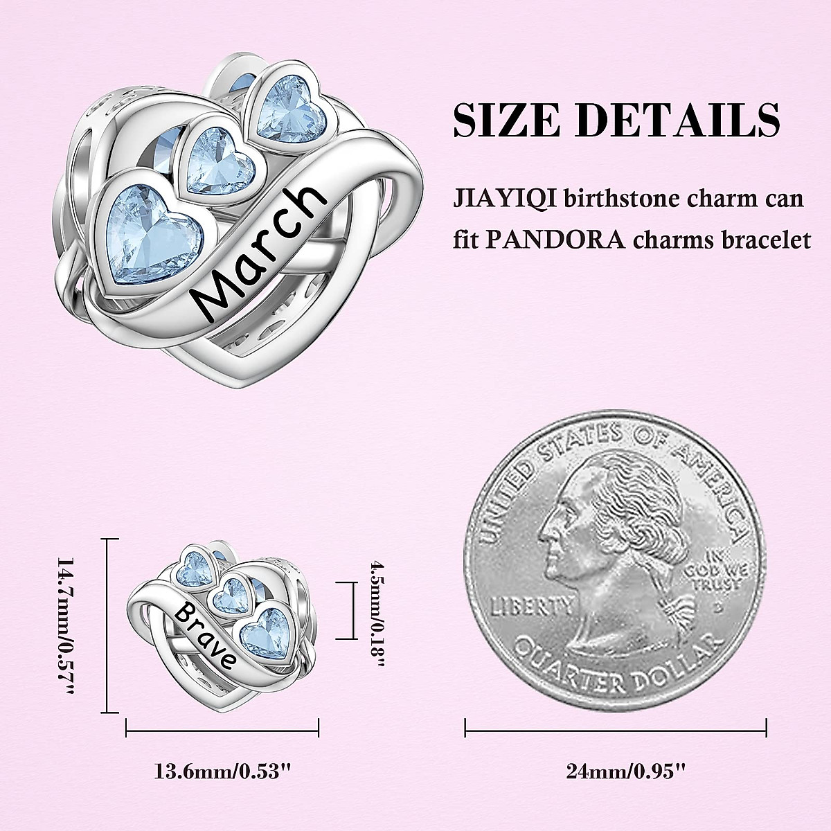 JIAYIQI March Birthstone Charm for Pandora Charms Bracelet, Sterling Silver Bead Endless Love Charms Engraved Brave, Heart Birthday Charms for Women