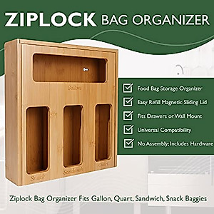 Ziplock Bag Storage Organizer for Kitchen Drawer - Bamboo Zip Lock Plastic Baggy Dispenser - Magnetic Sliding Lid for Easy Refill - Ziplock Bag Organizer Fits Gallon, Quart, Sandwich, Snack Baggies