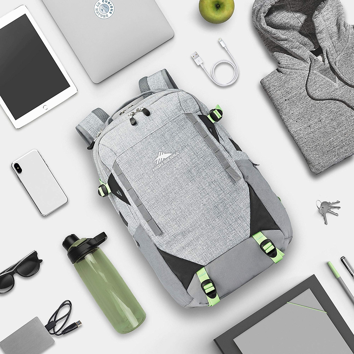 High Sierra Takeover Kids/Adults Backpack with Laptop Pocket, Drop Protection Pocket, Tablet Sleeve, and 360 Reflectivity, Silver/Neon Mint