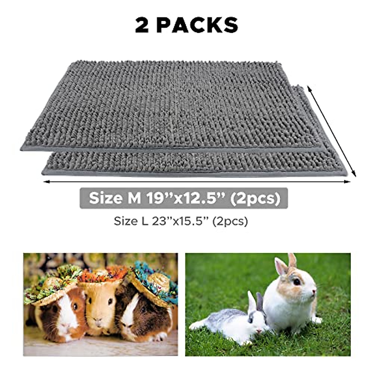 Jevnd 2Pcs Short Chenille Guinea Pig Cage Liner, Washable Rabbit Fleece Sleeping Bed Mat, Reusable Bunny Training Pad/Pee Pad/Blanket for Cat/Chinchilla/Hedgehog and Small Animals (19“x12.5” (2pcs))