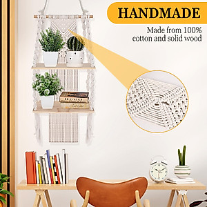 Barydat 2 Pack Macrame Wall Hanging Shelf 2 Tier Handmade Boho Hanging Wall Shelf Floating Woven Rope Hanging Shelves Decorative Storage Racks Holder Organizer for Home Bedroom Bathroom Plants, Beige