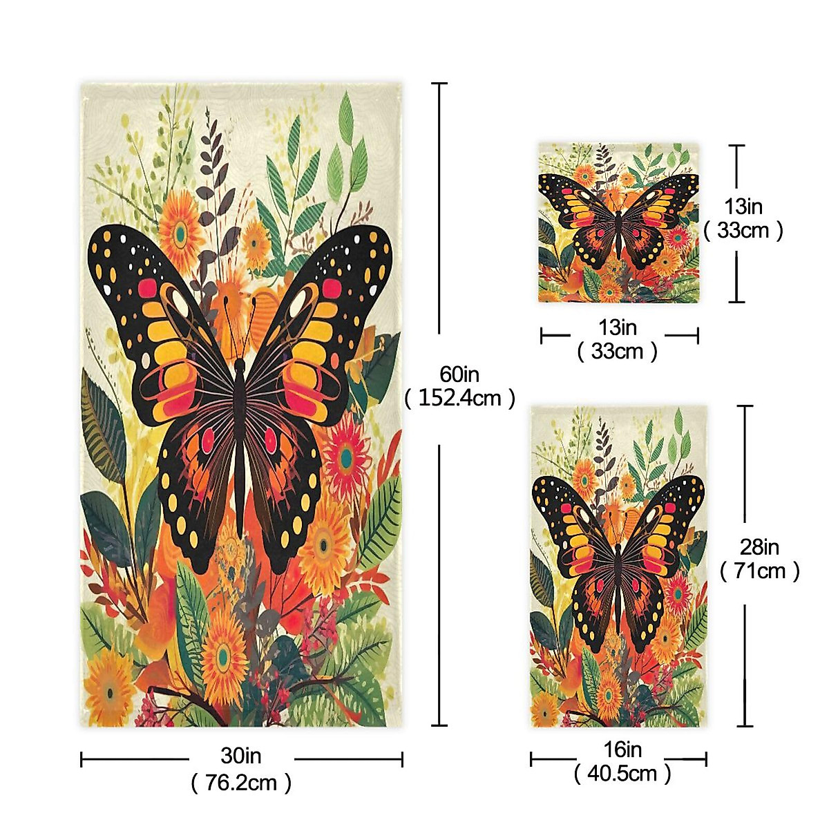 Flradish Flowers Butterflies Towels 3 Pack Bath Towels for Bathroom Set Soft Cotton Highly Absorbent Lightweight & Quickdry Towel Set 1 Bath Towel,1 Hand Towel,1 Washclothe
