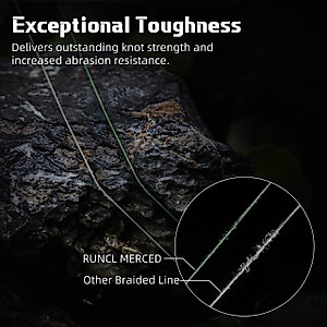RUNCL Braided Fishing Line Merced, 4 Strands Braided Line - Proprietary Weaving Tech, Thin-Coating Tech, Stronger, Smoother - Fishing Line for Freshwater Saltwater (Moss Green, 20LB(9.1kgs), 500yds)