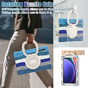 360 Rotation Case for Samsung Galaxy Tab S9 Ultra 14.6" Sturdy Cover Rotate Ring Stand Shoulder Carrying Strap Hand Strap Rugged Children Adults Outdoor Case (Colourful Blue)