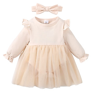 SOBOWO Beige Baby Dress Beige Baby Girl Outfit Infant Girl Tutu Dress Baby Ruffle Romper Dress Toddler Girl Skirt Headband Party Clothes(0-3 Months, Beige L)