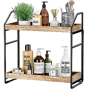 Adjustable 2-Tier Bathroom Countertop Organizer: No Screws Quick Installation Solid Wood Vanity Organizer Trays Standing Cosmetic Storage Shelf for Bath Organization Decor - Bedroom Kitchen Spice Rack