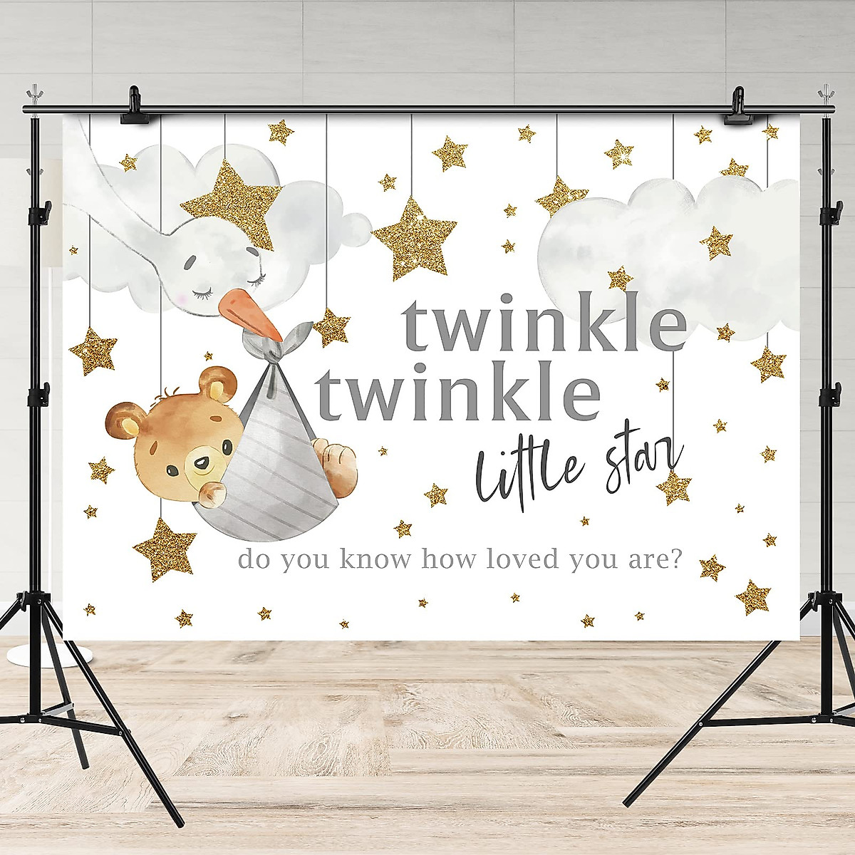 Rsuuinu Twinkle Twinkle Little Star Backdrop Baby Bear Gold Stars Clouds Baby Shower Birthday Newborn Photography Background Baby Kids Wall Decorations Party Banner Supplies Photo Booth Props 7x5ft