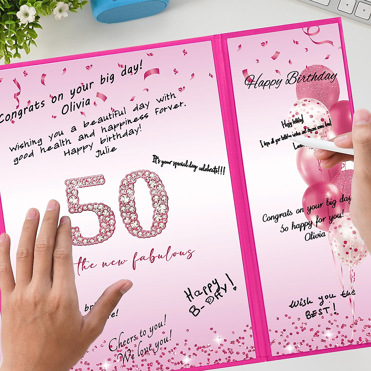 DARUNAXY Hot Pink 50th Birthday Party Decorations for Women, Happy 50th Birthday Alternative Signature Guest Book Pink 50 Birthday Signing Card Board Party Supplies Cheers to 50 Years Old Gifts