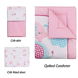Luxanna Crib Bedding Set Pink Elephant 3 Pieces Baby Nursery Bedding Sets with Baby Comforter,Crib Fitted Sheet, Crib Skirt for Girls