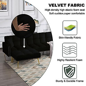 FREESNOOZE 107'' Convertible L-Shaped Velvet Sleeper Sofa Bed Living Room Sectional Sofa with Removable Ottoman and Tapered Metal Legs, Black