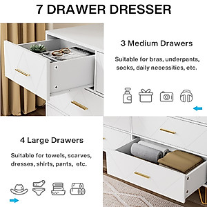 JOZZBY White Dresser for Bedroom, 7 Drawer Wooden Dresser with Gold Handles, Modern Storage Dressers & Chests of Drawers for Hallway, Entryway