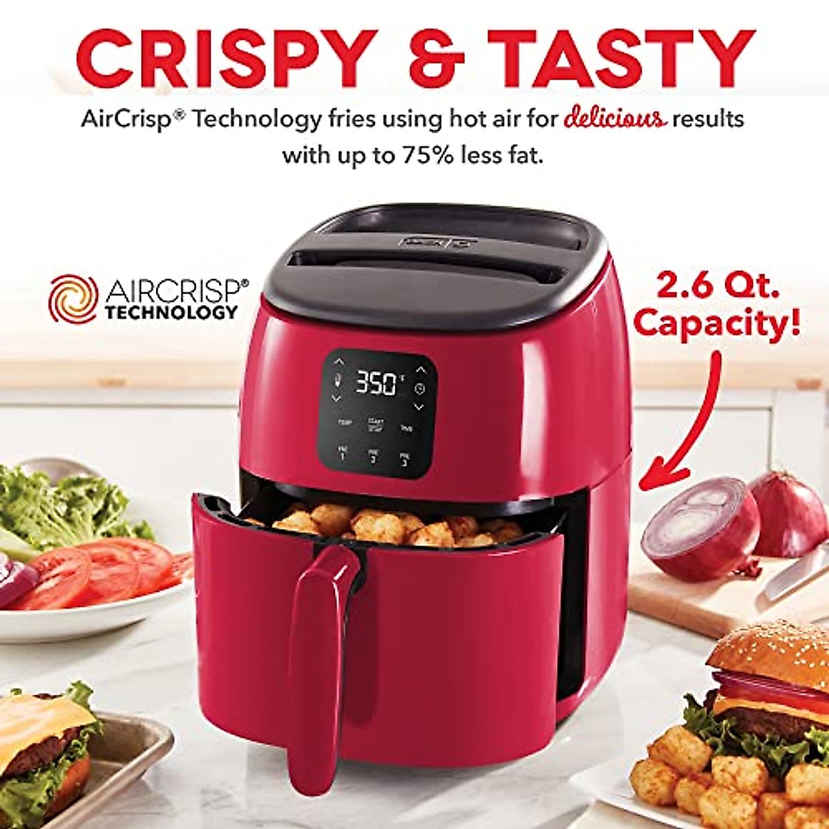 DASH Tasti-Crisp Digital Air Fryer with AirCrisp Technology, Custom Presets, Temperature Control, and Auto Shut Off Feature, 2.6 Quart - Red & Dash 6-Piece Air Fryer Accessory Kit, 2 Quart, Compact