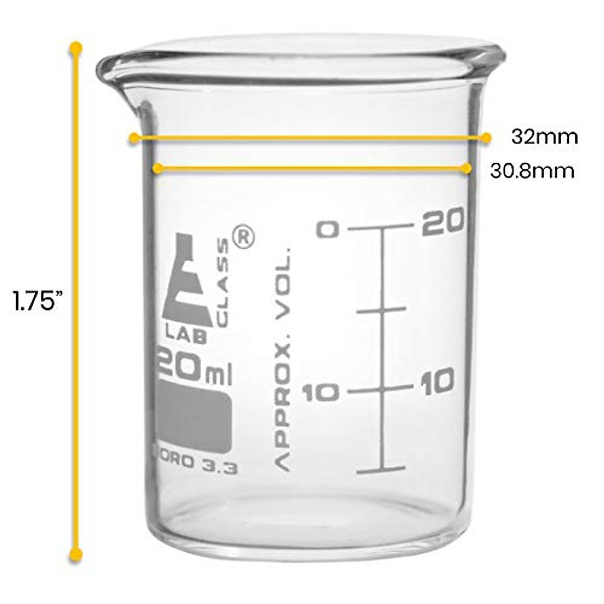 EISCO 12PK Beakers, 20ml - ASTM - Low Form with Spout - Dual Scale, White Graduations - Borosilicate 3.3 Glass