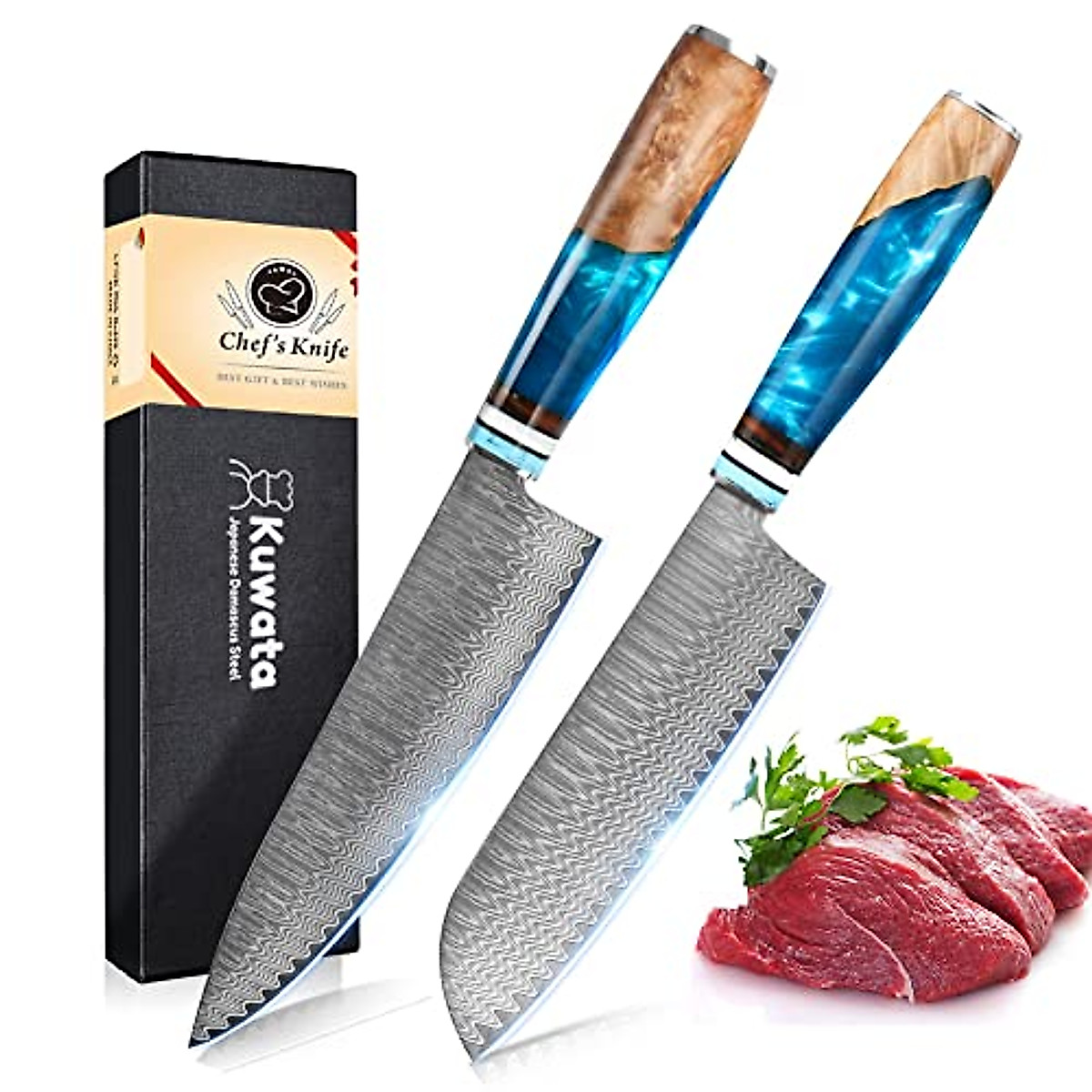 Kuwata Chef Knife Set Damascus, 2PCS Professional Japanese VG-10 High Carbon Stainless Steel Kitchen Knife Set Chefs Knife, Santoku Knives, Knives Set for Kitchen with Gift Box