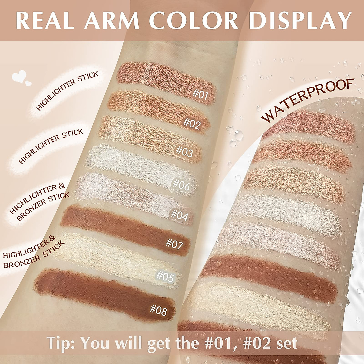 LSxia 2Pcs Highlighter Stick Cream Contour Stick Makeup Kit, Shimmer Highlighter and Bronzer Stick Contour Wand, Water-proof Long Lasting Smooth Face Brightens & Shades Contouring Stick Illuminator