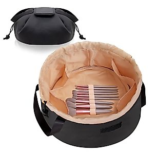 rlokosfb Large Drawstring Makeup Organizer,Lay Barrel Makeup Bag Leather Cosmetic Bag Toiletry Bag for Travel,Portable Waterproof Make Up Bags for Women Brush Toiletries Accessories (Black Large)