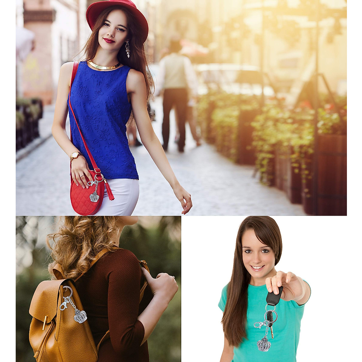 Aqua 79 Sparkly Crown Keychain Charm - Silver 3D Rhinestone Keychain for Women and Men, Metal Alloy Crystal Keychain, Fashionable Keychain Accessory, Bling Keychain for Your Crystal Pouch - 1.6 inch