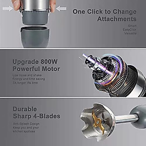 Hand Blender, 5 in 1 Blender, Hand Blender Electric 800W 6-Speed and Turbo Mode, Immersion Blender with 500ml Food Chopper, 600ml Container, Milk Frother, Egg Whisk, for Smoothie Sauces Food Soups