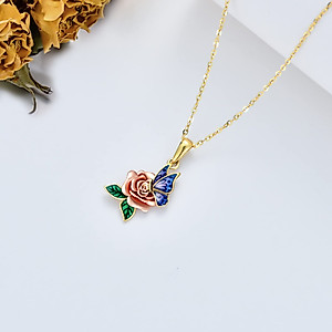 SISGEM 10K Real Gold Butterfly Rose Necklace for Women,Yellow/Rose Gold Rose Flower Pendant Necklace Dainty Rose Butterfly Jewelry Gifts for Birthday Christmas 16+1+1 inch (10K Gold-Yellow)