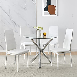 Rainbow Tree Round Dining Table and White Chairs Set 4 for Dining Room, Glass Dining Table with 4 Leather Padded Side Chairs, Comfortable & Space Saving for Home/Office