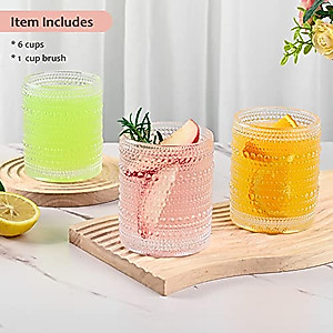ZMOWIPDL Vintage Glassware Drinking Glasses Set of 6,12 oz Hobnail Glass Cups,Embossed Clear Water Tumbler,for Beer,Cocktail,Whiskey,Juice and Various Mixed Drinks- 1 Cleaning Brush