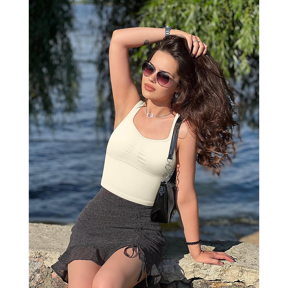 OQQ Women' 2 Piece Tank Tops Seamless Workout Exercise Shirts Padded Sports Bra Yoga Crop Tops Black Beige