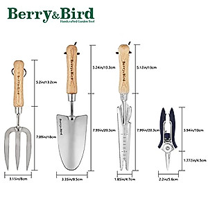 Berry&Bird Garden Tool Set, 4 PCS Stainless Steel Heavy Duty Gardening Tool Kit Includes Hand Trowel, 5 in 1 Shovel, Pruning Shears and Hand Fork with Ash Wood Handle for Weeding Transplanting Digging