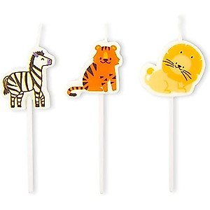 Safari Animal Cake Toppers and Thin Candles in Holders (27 Pieces)