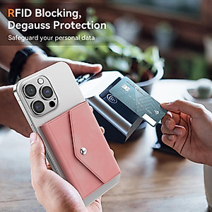 Hoerrye Magnetic Phone Wallet,3 Card Holder Hold Up to 7 Cards [Safe Rope] [Cash Clip] [RFID Blocking Protection] Magsafe Leather Wallet for iPhone 12/13/14 Series, Pink