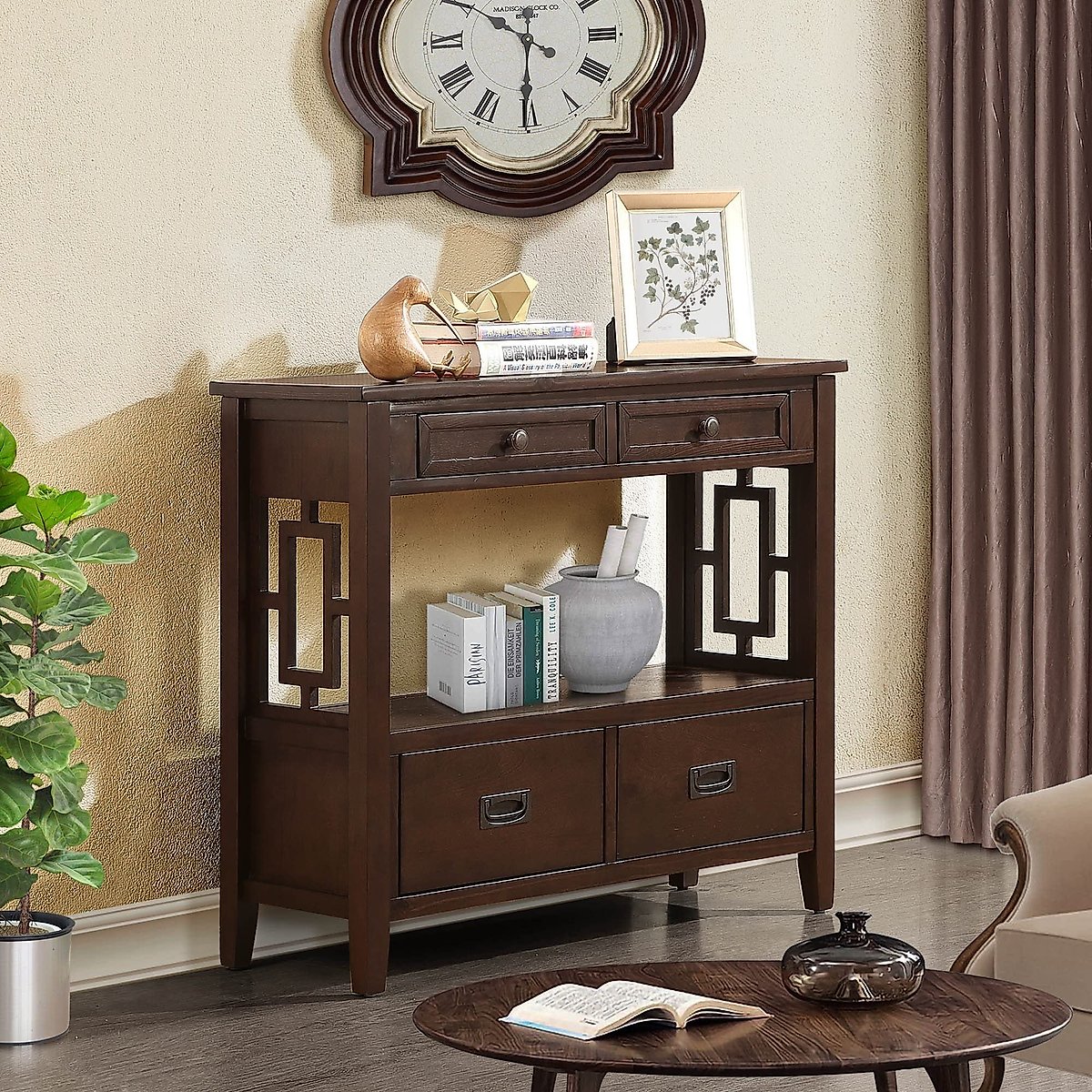 FRITHJILL 36in Wood Console Table, Modern Entry Sofa Table with Drawers and Open Storage Shelf (Espresso)