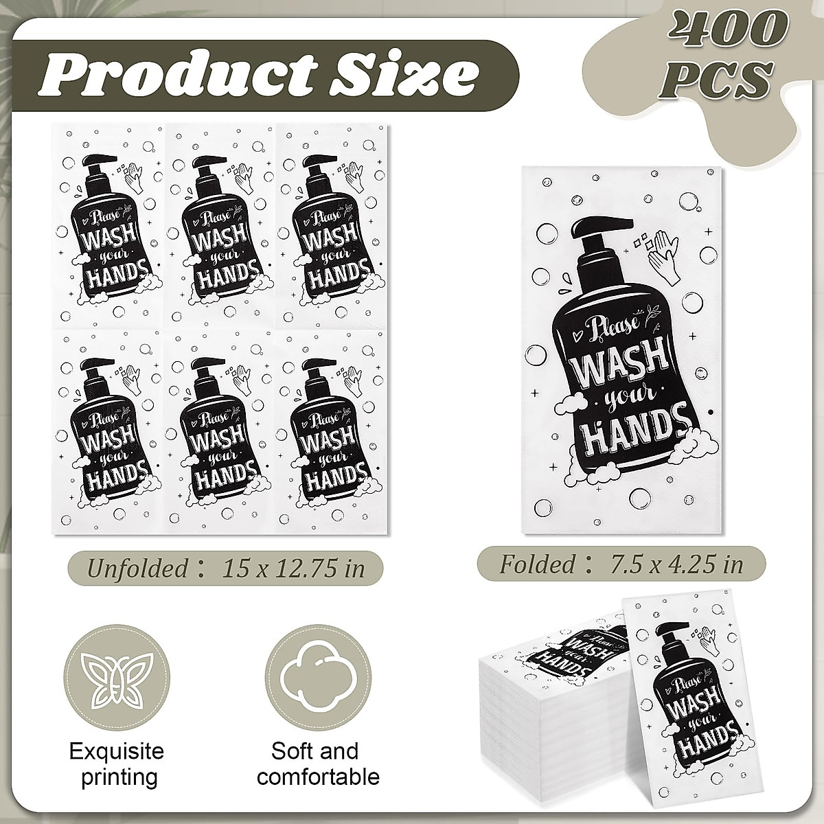 400 Pieces Bathroom Napkins Disposable Guest Towels Bathroom Guest Paper Hand Towels Please Wash Your Hands Bathroom Etiquette Guest Napkins for Powder Room Wedding Holiday Anniversary Birthday Party