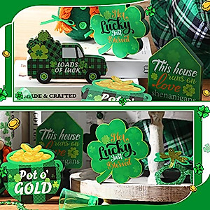 4 Pcs St. Patrick's Day Table Wooden Signs House Pot Truck Lucky Shamrock Wooden Signs Buffalo Plaid Freestanding Irish Decor for St Patricks Day Tiered Tray Desk Office Home Party Decor, 4 Styles