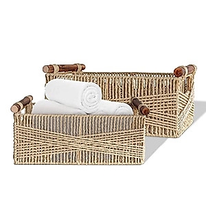 DUOER Round Paper Rope Storage Basket Wicker Baskets for Organizing with Handle Decorative Storage Bins for Countertop Toilet Paper Basket for Toilet Tank Top Small Boho Decor Baskets Set (Set of 2,Beige)
