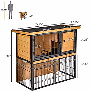PawHut Wooden Rabbit Hutch Metal Frame Small Animal Habitat with No Leak Tray, Asphalt Openable Roof,Ramp and Lockable Door for Outdoor Light Yellow