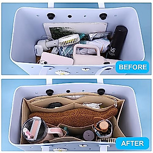 AIERSA Rubber Beach Bag Organizer Compatible with Bogg Bag/Simply Southern Tote, Felt Insert Divider Pouch with Zipper for Bogg Bags Accessories, with 7 Pocekets, Only for Original X Large Size -Beige