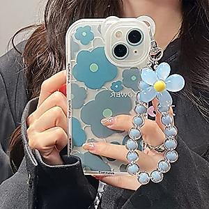 NITITOP Compatible for iPhone 13 Case Clear Floral Bear Camera Lens Case with Lovely Flower Bracelet Chain for Women Girls, Soft TPU Shockproof Cover-Blue
