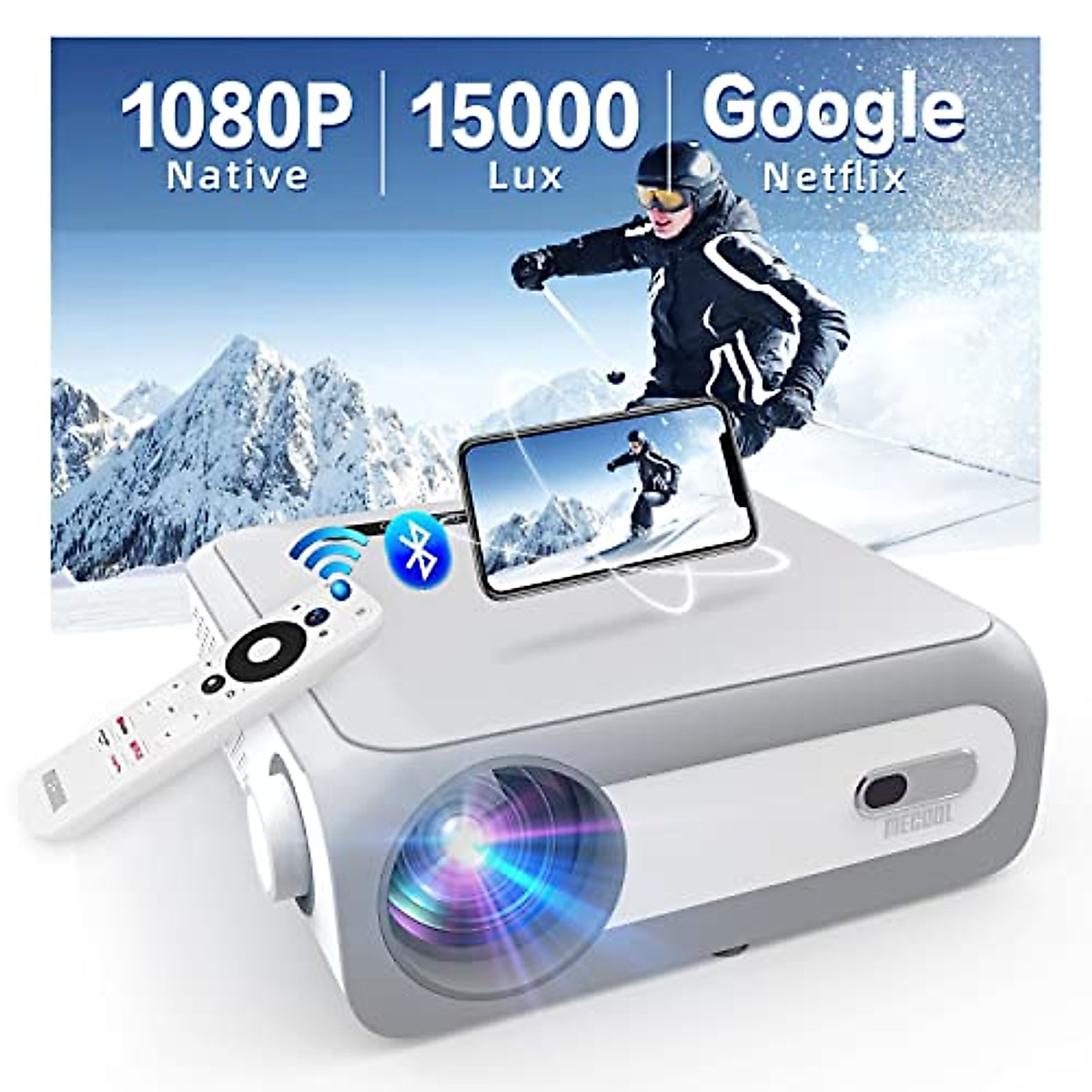 Movie Projector, MECOOL KP1 Smart Video Projector with TV Stick 15000Lux Full HDR 4K Native 1080P,5G WiFi, 240" Display, Built-in Assistant Netflix YouTube Prime Video Chromecast Home Theater